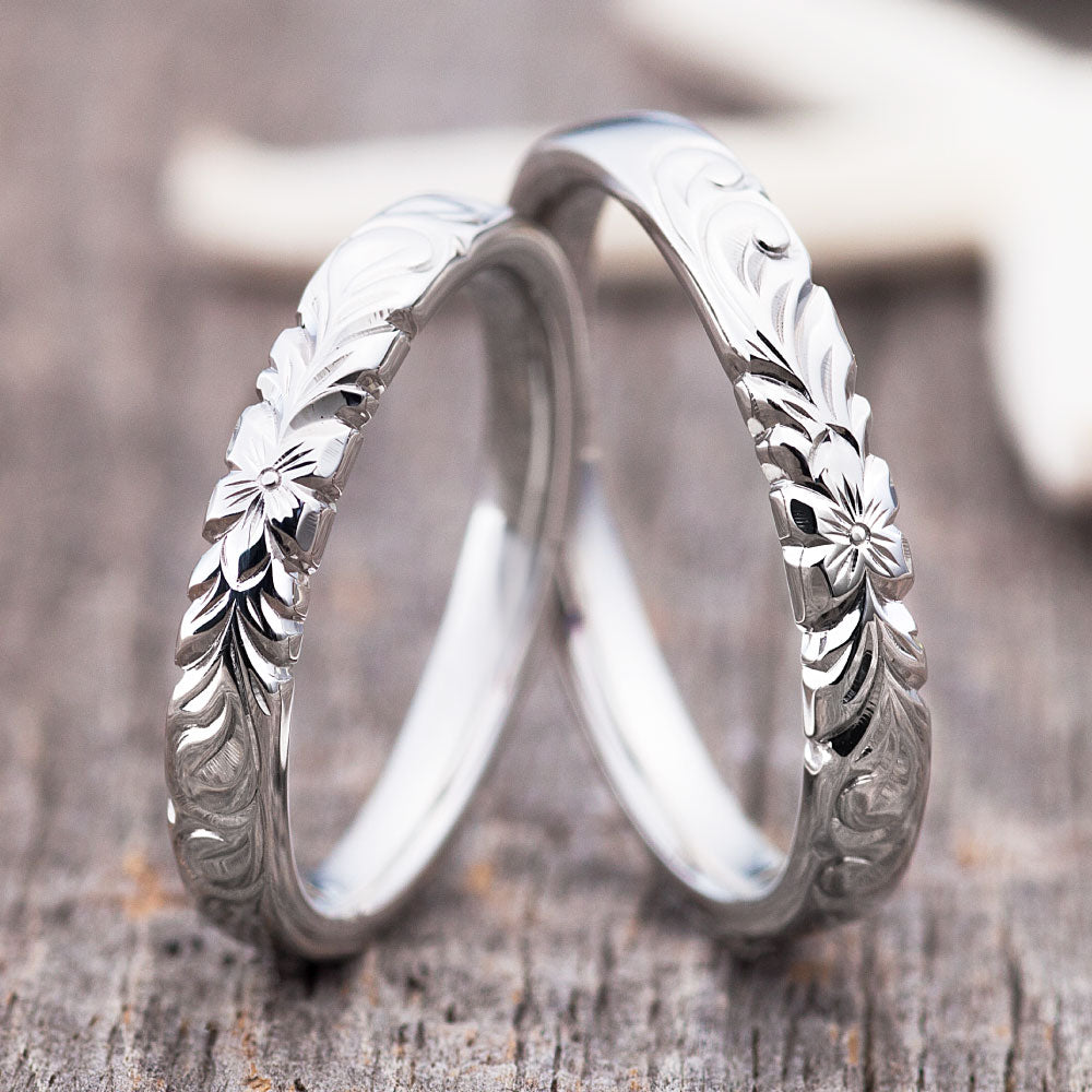 〈LEI〉Hawaiian plumeria wedding rings – Women’s & men’s K18 White Gold ...