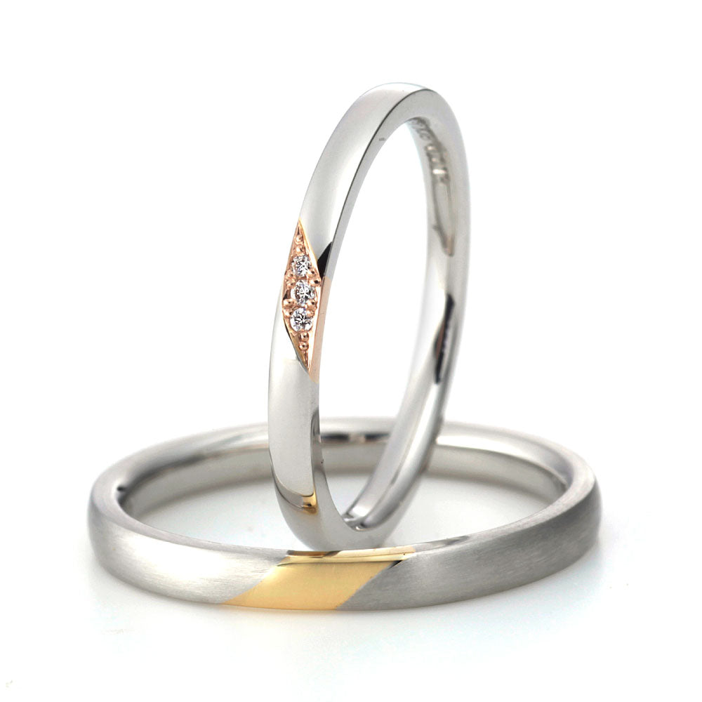 〈ESTEEM〉Platinum & K18 Gold Wedding Rings – Women’s with 0.01ct Diamon ...
